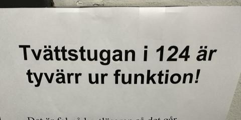 Tvättstugan i port 124 är ur funktion | Brf Rektangeln 22